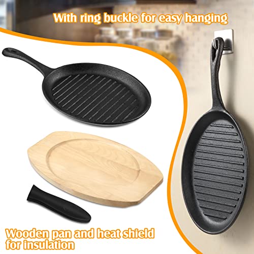 Tanlade 3 Sets Cast Iron Skillets Pre Seasoned Fajita Pan Heavy Duty Construction Sizzling Plates with Wooden Base and Silicone Handle Mitt, Black