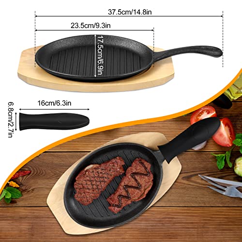 Tanlade 3 Sets Cast Iron Skillets Pre Seasoned Fajita Pan Heavy Duty Construction Sizzling Plates with Wooden Base and Silicone Handle Mitt, Black