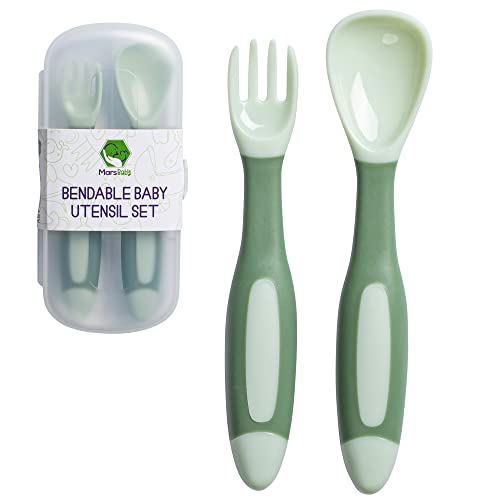 Mars Baby Silicone Baby Spoons Set for Self-Feeding - Bendable Learning Utensils for Toddlers - Perfect for Introducing Solids - With Travel Case - Green