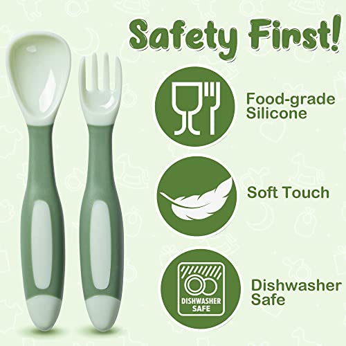 Mars Baby Silicone Baby Spoons Set for Self-Feeding - Bendable Learning Utensils for Toddlers - Perfect for Introducing Solids - With Travel Case - Green