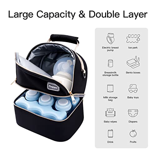 Phanpy Breast Pump Bag with Cooler, Breastmilk Cooler Bag with Ice Pack, Double Deck Breastmilk Storage Bag Cooler, Baby Bottle Bag, Diaper Backpack, Double Layer Preservation Package（Black）