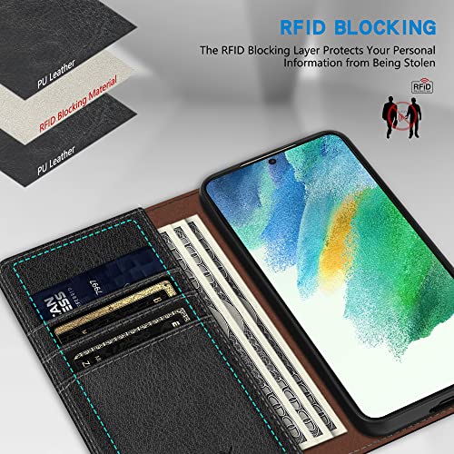 ZZXX Samsung Galaxy S21 FE Wallet Case with [RFID Blocking] Card Slot Stand Strong Magnetic Leather Flip Fold Protective Phone Case for Samsung Galaxy S21 FE 5G Case Wallet(Black-6.4 inch)