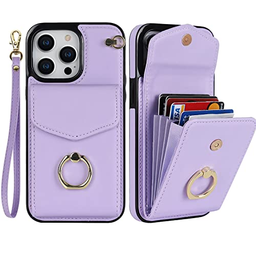 Nunwiza for iPhone 13 Pro Max Wallet Case with 360°Rotation Ring Holder Stand, RFID Blocking PU Leather Case Card Holder for iPhone 13 Pro Max 6.7'' Purple