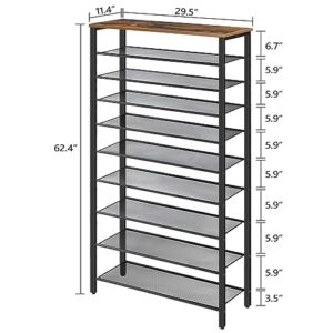 MAHANCRIS 10-Tier Shoe Rack, Shoe Organizer for Closet, Entryway, Large Capacity Shoe Shelf, for 36-40 Pairs of Shoes, Stable Sturdy, Shoe Storage with 9 Metal Mesh Shelves, Rustic Brown SRHR1101Z