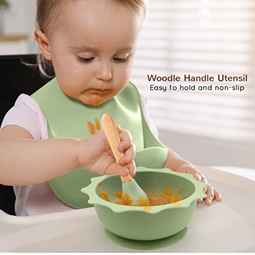 Baby Silicone Feeding Set - BPA Free Baby Led Weaning Supplies With Suction Bowl, Rainbow Divided Plate, Spoons, Forks, Sippy Cup Adjustable Bib, Teether - Self Feeding Dish Set for 6+Months (Olive)