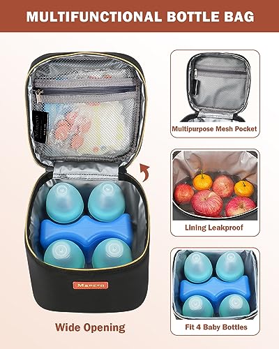 Breastmilk Cooler Bag with Ice Pack Fits 4 Baby Bottles Up to 5 Ounce, Mancro Insulated Baby Bottle Bag for Nursing Mom Daycare, Easily Attaches to Stroller, Black