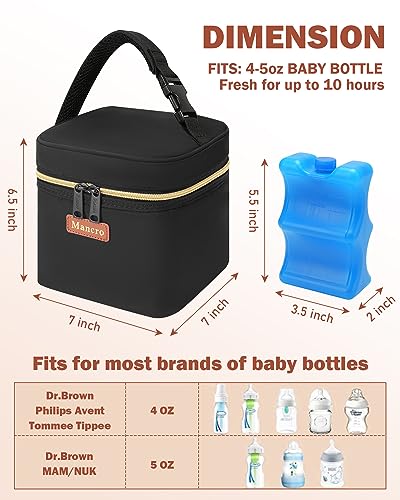 Breastmilk Cooler Bag with Ice Pack Fits 4 Baby Bottles Up to 5 Ounce, Mancro Insulated Baby Bottle Bag for Nursing Mom Daycare, Easily Attaches to Stroller, Black