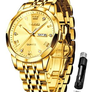 OLEVS Gold Watches for Men Diamond Business Dress Analog Quartz Stainless Steel Date Luxury Casual Fashion Wrist Watch Waterproof Luminous