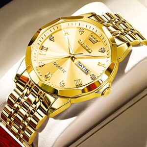 OLEVS Gold Watches for Men Diamond Business Dress Analog Quartz Stainless Steel Date Luxury Casual Fashion Wrist Watch Waterproof Luminous