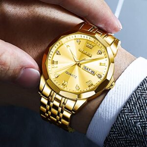 OLEVS Gold Watches for Men Diamond Business Dress Analog Quartz Stainless Steel Date Luxury Casual Fashion Wrist Watch Waterproof Luminous