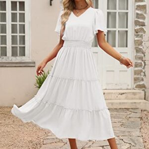 LILLUSORY Womens Midi Dresses 2023 Summer Short Sleeves Flowy Tiered Long Maxi Dress White