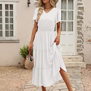 LILLUSORY Womens Midi Dresses 2023 Summer Short Sleeves Flowy Tiered Long Maxi Dress White