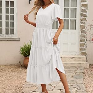 LILLUSORY Womens Midi Dresses 2023 Summer Short Sleeves Flowy Tiered Long Maxi Dress White