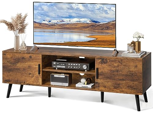 SUPERJARE TV Stand for 55 Inch TV, Entertainment Center with Adjustable Shelf, 2 Cabinets, TV Console Table, Media Console, Solid Wood Feet, Cord Holes, for Living Room, Bedroom, Rustic Brown