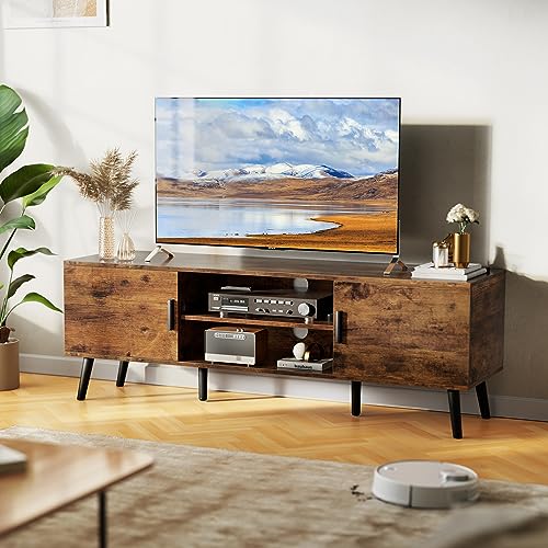 SUPERJARE TV Stand for 55 Inch TV, Entertainment Center with Adjustable Shelf, 2 Cabinets, TV Console Table, Media Console, Solid Wood Feet, Cord Holes, for Living Room, Bedroom, Rustic Brown