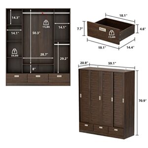 Homsee Large Wardrobe Armoire with 4 Sliding Doors, 3 Drawers, Hanging Rods & Storage Shelves, Wooden Closet Storage Cabinet with Silver Handles for Bedroom, Brown (59.1”W x 20.9”D x 70.9”H)