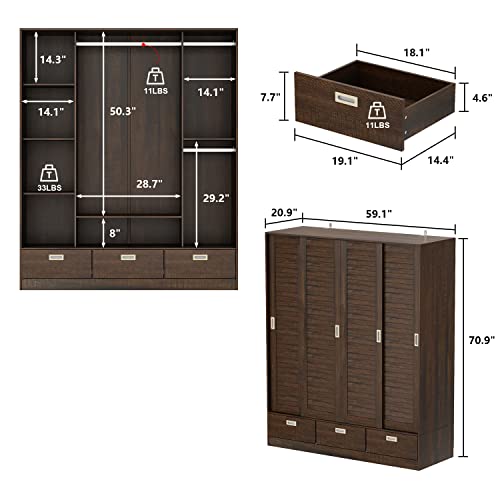 Homsee Large Wardrobe Armoire with 4 Sliding Doors, 3 Drawers, Hanging Rods & Storage Shelves, Wooden Closet Storage Cabinet with Silver Handles for Bedroom, Brown (59.1”W x 20.9”D x 70.9”H)