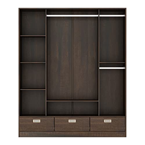 Homsee Large Wardrobe Armoire with 4 Sliding Doors, 3 Drawers, Hanging Rods & Storage Shelves, Wooden Closet Storage Cabinet with Silver Handles for Bedroom, Brown (59.1”W x 20.9”D x 70.9”H)