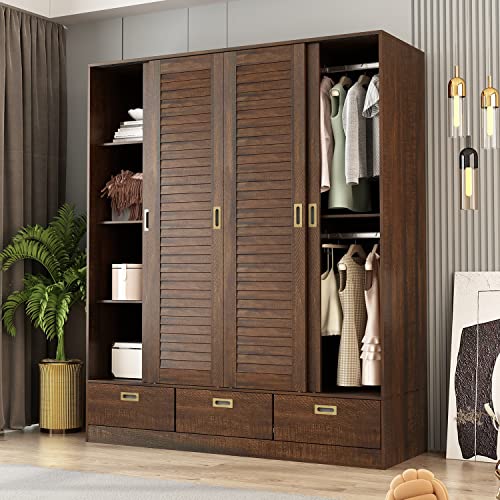 Homsee Large Wardrobe Armoire with 4 Sliding Doors, 3 Drawers, Hanging Rods & Storage Shelves, Wooden Closet Storage Cabinet with Silver Handles for Bedroom, Brown (59.1”W x 20.9”D x 70.9”H)