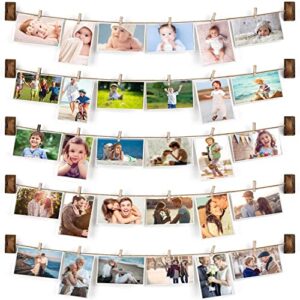 emfogo hanging photo display, wood picture photo frame for wall diy decor 5 strings with 30 clips, adjustable twines fit multi pictures frames collage organizer 35 x 35 inch