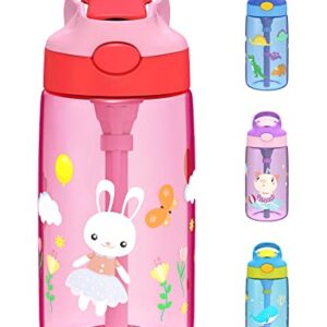 A+ Choice Kids Water Bottle with Straw & Handle - 16 oz BPA Free Kids Water Bottles, Spill Proof, Easy-Clean, Dishwasher Safe - Cute Rabbit Pink