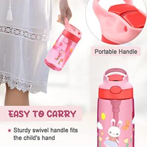 A+ Choice Kids Water Bottle with Straw & Handle - 16 oz BPA Free Kids Water Bottles, Spill Proof, Easy-Clean, Dishwasher Safe - Cute Rabbit Pink