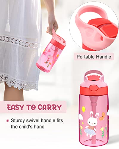 A+ Choice Kids Water Bottle with Straw & Handle - 16 oz BPA Free Kids Water Bottles, Spill Proof, Easy-Clean, Dishwasher Safe - Cute Rabbit Pink