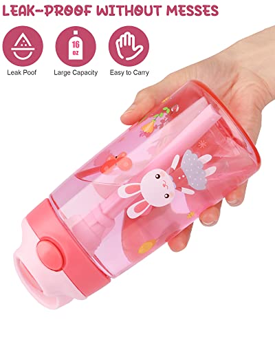 A+ Choice Kids Water Bottle with Straw & Handle - 16 oz BPA Free Kids Water Bottles, Spill Proof, Easy-Clean, Dishwasher Safe - Cute Rabbit Pink