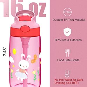 A+ Choice Kids Water Bottle with Straw & Handle - 16 oz BPA Free Kids Water Bottles, Spill Proof, Easy-Clean, Dishwasher Safe - Cute Rabbit Pink