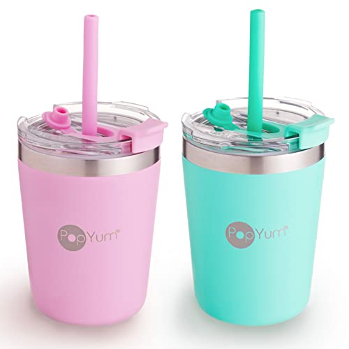 PopYum 9oz Insulated Stainless Steel Kids’ Cups with Lid and Straw, 2-Pack, Green, Pink, stackable, sippy, baby, child, toddler, tumbler, double wall, vacuum, leak proof