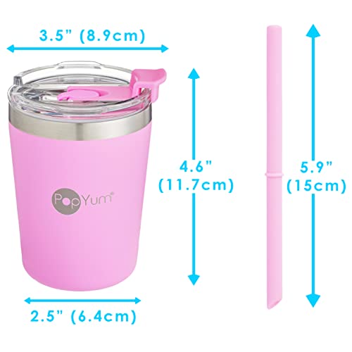 PopYum 9oz Insulated Stainless Steel Kids’ Cups with Lid and Straw, 2-Pack, Green, Pink, stackable, sippy, baby, child, toddler, tumbler, double wall, vacuum, leak proof