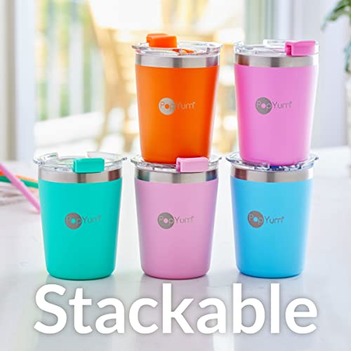 PopYum 9oz Insulated Stainless Steel Kids’ Cups with Lid and Straw, 2-Pack, Green, Pink, stackable, sippy, baby, child, toddler, tumbler, double wall, vacuum, leak proof