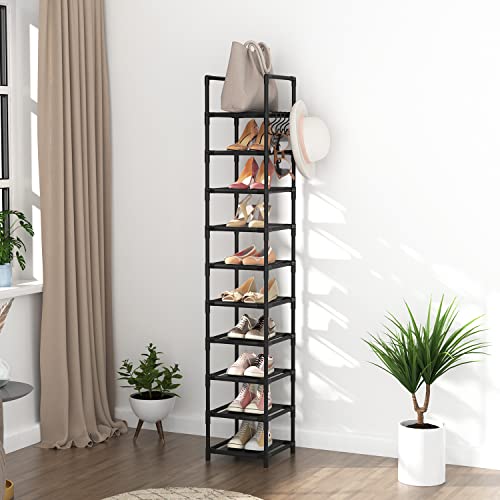 LANTEFUL Tall Narrow Shoe Rack for Entryway, 10-Tier Sturdy Metal Shoe Shelf Storage 10-15 Pairs of Shoes and Boots, Space Saving Corner Shoe Rack Organizer for Closet,Doorway,Garage,Living Room