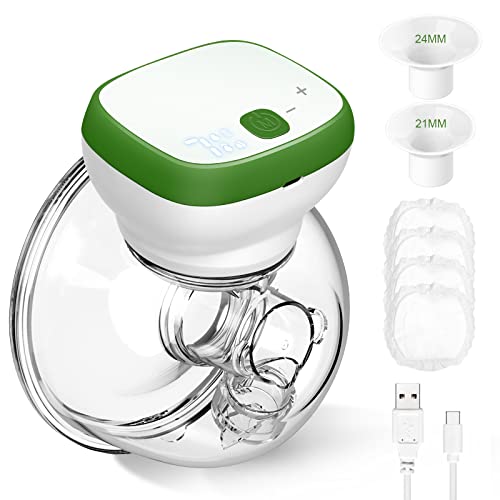 Breast Pump, Hands-Free Wearable Electric Breast Pump Portable Rechargeable LED Display Breastfeeding Breast Pump 3 Modes with 28mm 24mm 21mm Flanges (Green)