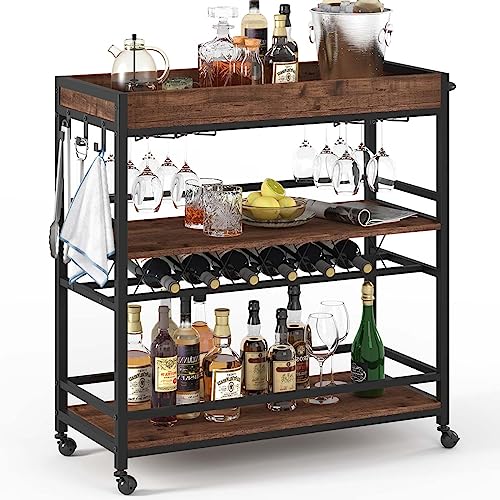 BON AUGURE Bar Cart for The Home, Rolling Home Bar Serving Cart on Wheels, 3 Tier Liquor Beverage Cart for Home Bar with Wine Rack and Glass Holder, Rustic Oak