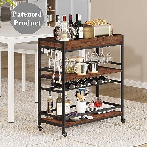 BON AUGURE Bar Cart for The Home, Rolling Home Bar Serving Cart on Wheels, 3 Tier Liquor Beverage Cart for Home Bar with Wine Rack and Glass Holder, Rustic Oak