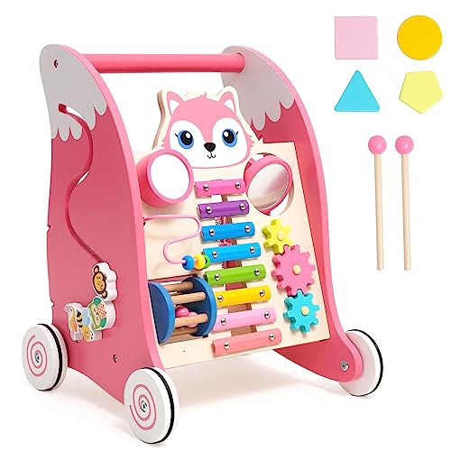 NUKied Wooden Baby Walker Baby Push Walker with Multiple Entertainment Activity Center, Sit-to-Stand Learning Baby Walkers for 9M+ Boys Girls Infants