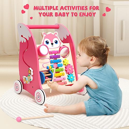 NUKied Wooden Baby Walker Baby Push Walker with Multiple Entertainment Activity Center, Sit-to-Stand Learning Baby Walkers for 9M+ Boys Girls Infants