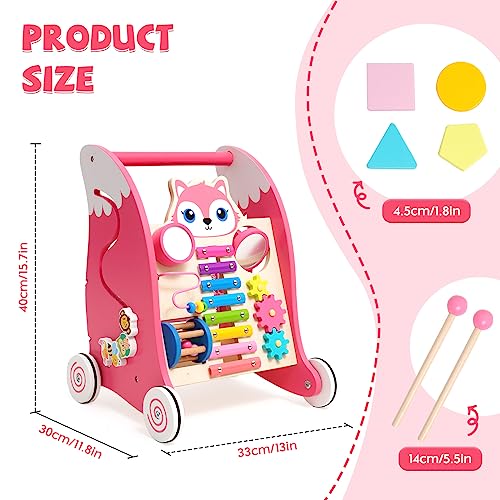 NUKied Wooden Baby Walker Baby Push Walker with Multiple Entertainment Activity Center, Sit-to-Stand Learning Baby Walkers for 9M+ Boys Girls Infants