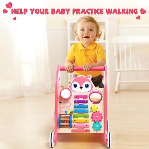 NUKied Wooden Baby Walker Baby Push Walker with Multiple Entertainment Activity Center, Sit-to-Stand Learning Baby Walkers for 9M+ Boys Girls Infants