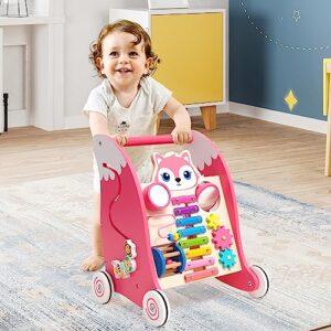 NUKied Wooden Baby Walker Baby Push Walker with Multiple Entertainment Activity Center, Sit-to-Stand Learning Baby Walkers for 9M+ Boys Girls Infants