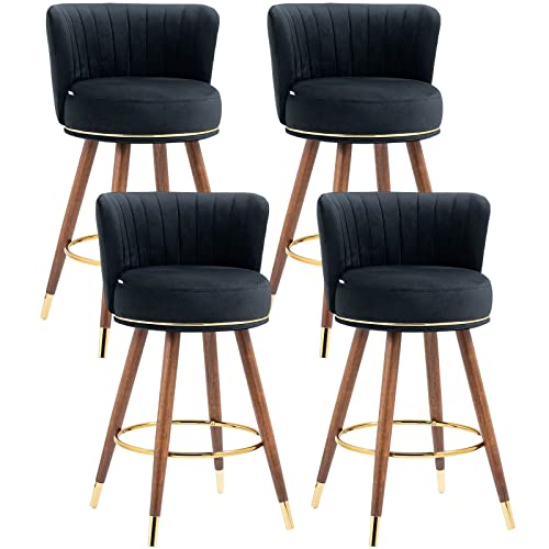 GNIXUU Bar Stools Set of 4, 360 Degree Swivel Barstools, Modern Upholstered Counter Height bar Stools with Back, 28 Inch Kitchen Island Bar Chair, Solid Wood Legs(Black)