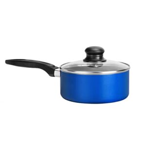 nutrichef blue saucepan w/lid - stylish 1.25 quart ceramic kitchen pan cookware set, top-grade aluminum alloy pot, transparent tempered glass lid w/steam escape hole, black backlite handles