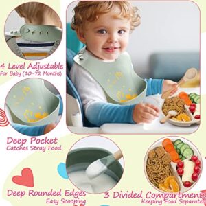 Silicone Baby Feeding Set, 12Pcs Baby Led Weaning Supplies, Includes Baby Suction Bowls and Plates, Silicone Baby Bibs, Silicone Baby Cup, Silicone Baby Spoons and Forks (2 Sets Beige & Pink)