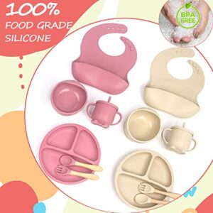 Silicone Baby Feeding Set, 12Pcs Baby Led Weaning Supplies, Includes Baby Suction Bowls and Plates, Silicone Baby Bibs, Silicone Baby Cup, Silicone Baby Spoons and Forks (2 Sets Beige & Pink)