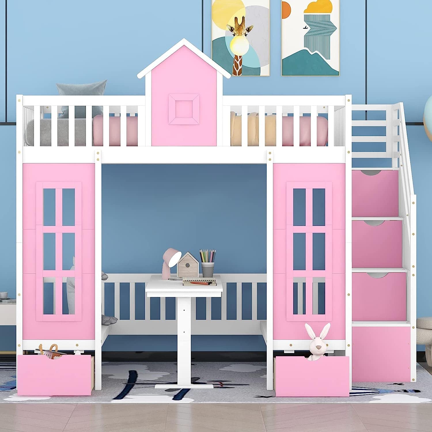 MERITLINE Full Loft Beds with Stairs and Desk, Wooden Castle Shaped Full Over Full Bunk Bed with Changeable Desk,Storage Bunk Bed with Drawers for Kids Girls Boys Teens, Pink