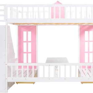 MERITLINE Full Loft Beds with Stairs and Desk, Wooden Castle Shaped Full Over Full Bunk Bed with Changeable Desk,Storage Bunk Bed with Drawers for Kids Girls Boys Teens, Pink