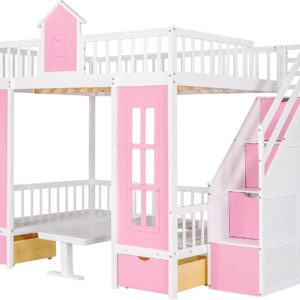 MERITLINE Full Loft Beds with Stairs and Desk, Wooden Castle Shaped Full Over Full Bunk Bed with Changeable Desk,Storage Bunk Bed with Drawers for Kids Girls Boys Teens, Pink