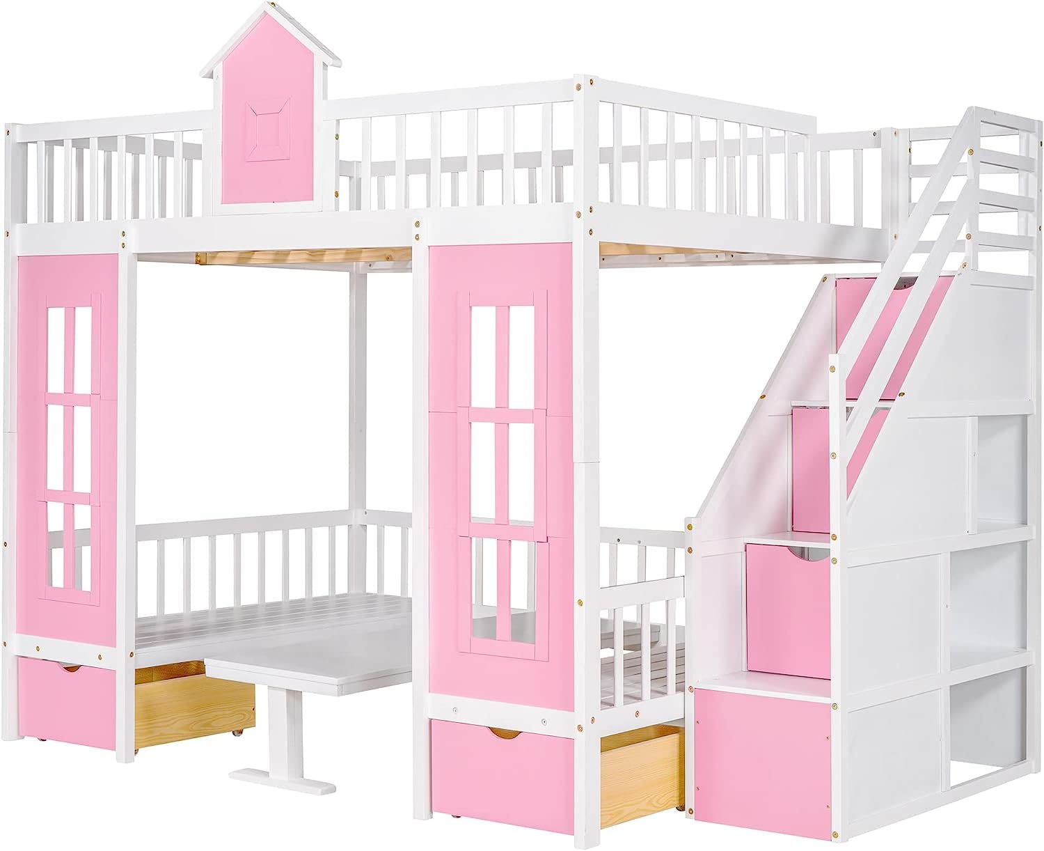 MERITLINE Full Loft Beds with Stairs and Desk, Wooden Castle Shaped Full Over Full Bunk Bed with Changeable Desk,Storage Bunk Bed with Drawers for Kids Girls Boys Teens, Pink