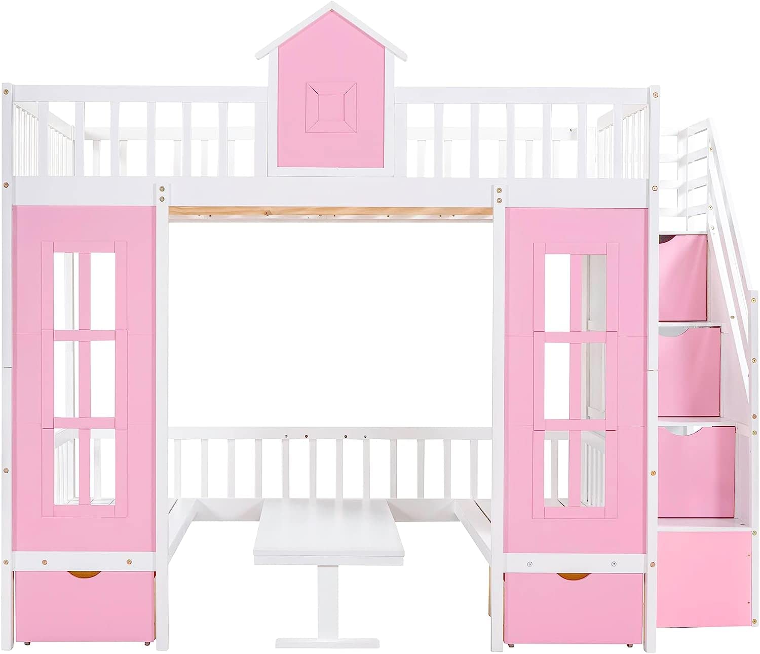 MERITLINE Full Loft Beds with Stairs and Desk, Wooden Castle Shaped Full Over Full Bunk Bed with Changeable Desk,Storage Bunk Bed with Drawers for Kids Girls Boys Teens, Pink